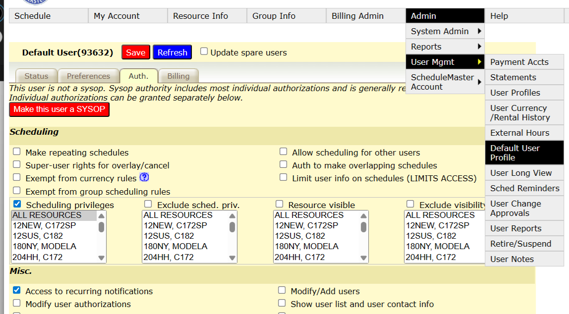 Default user profile – Schedule Master Support